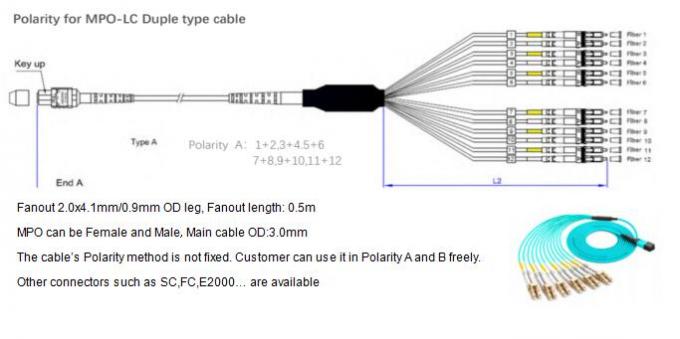12 Fibers MPO to LC OM3 Fiber Optic MPO-LC 2.0mm Straight harness Cables